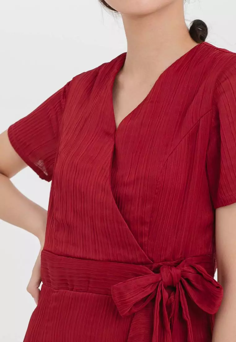 Jual Cloth Inc Pleat Overlap Ruffle Wrap Dress in Maroon Original 2024 ...