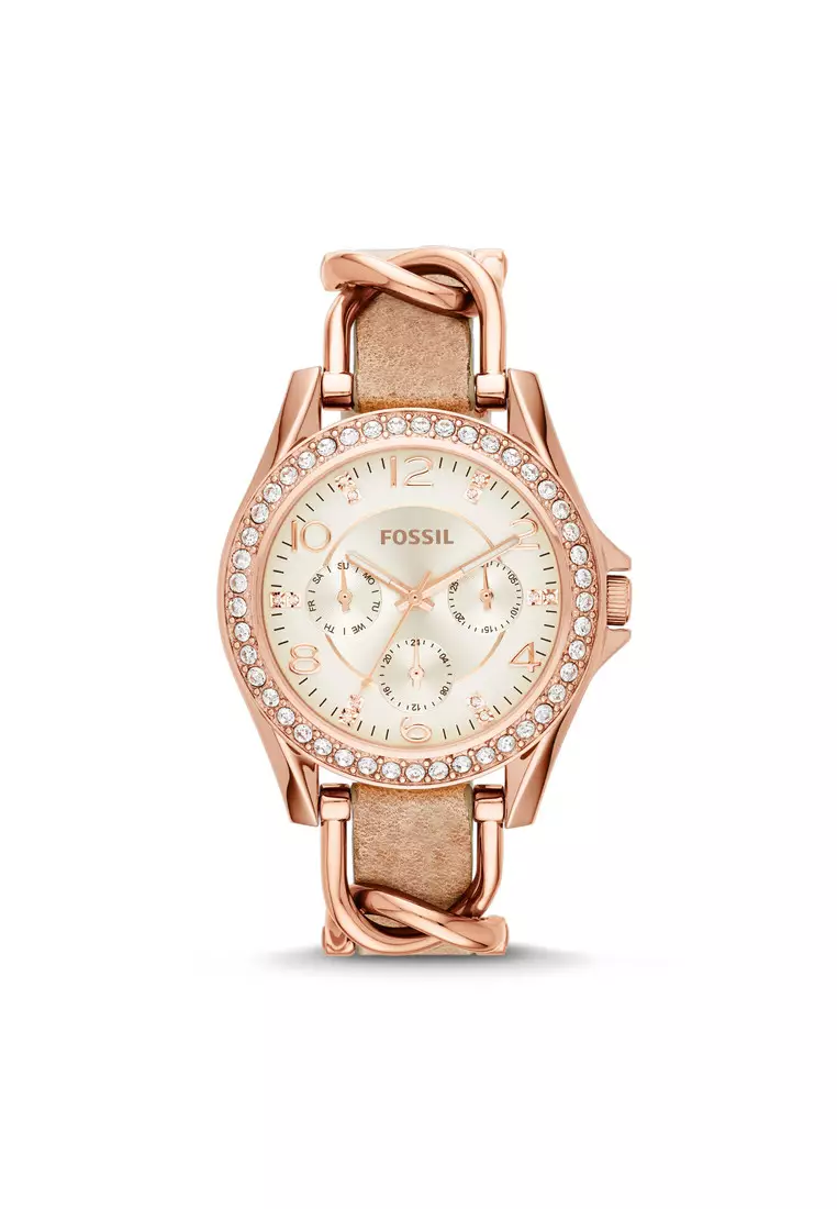 Jual Fossil Fossil Riley Multifunction Rose-Tone & Sand Leather Watch ...