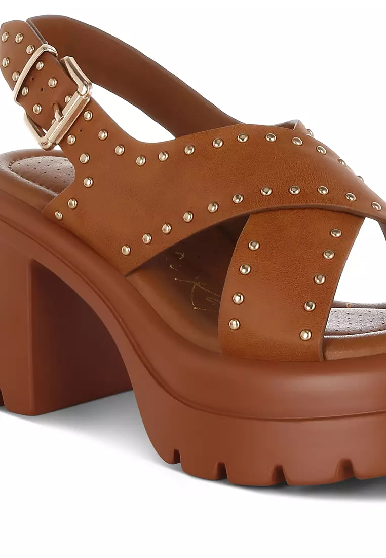 London Rag Stud Embellished Block Heel Sandals in Tan 2025 | Buy London ...