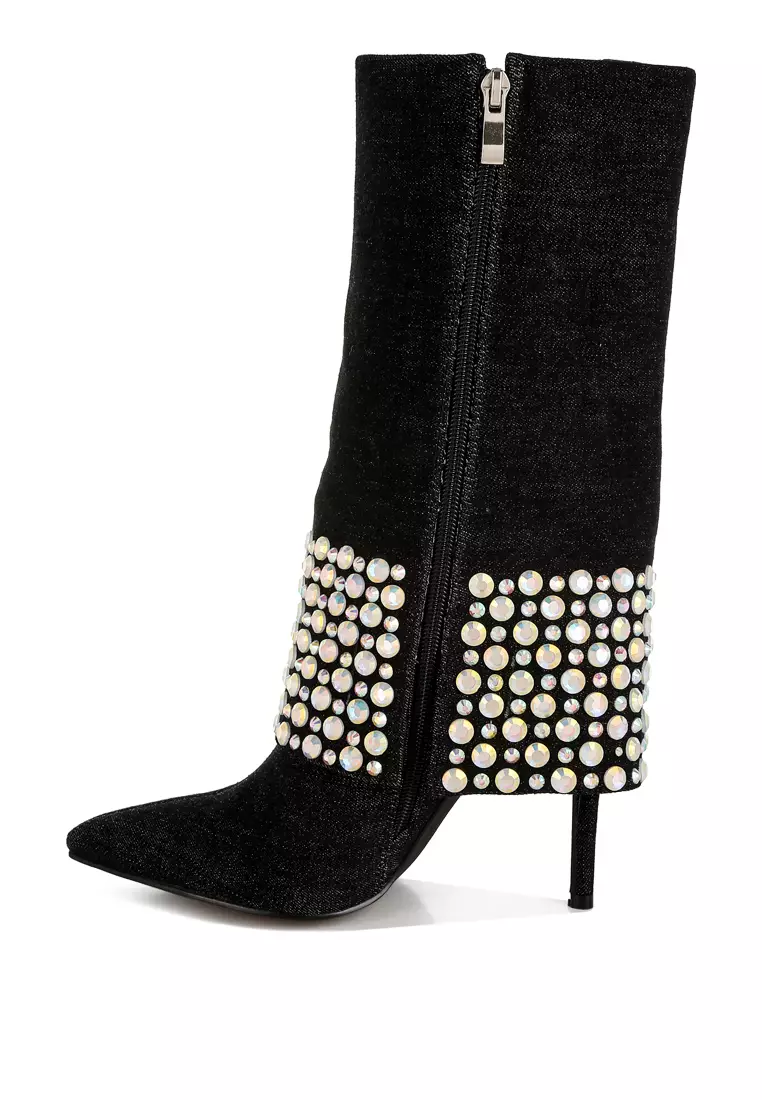 Buy London Rag Diamante & Rhinestones Denim Boots in Black Online ...