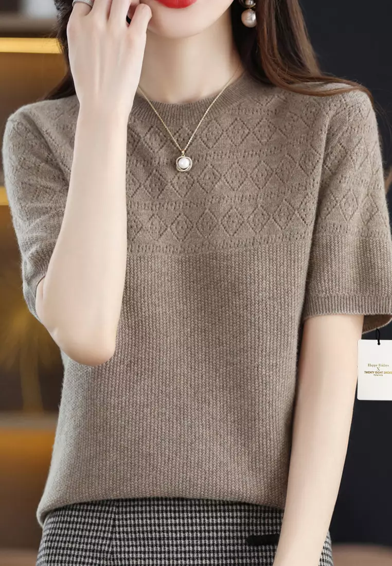 Buy HAPPY FRIDAYS Rhombus Hollow Out Pattern Short Sleeve Knit Top JW ...