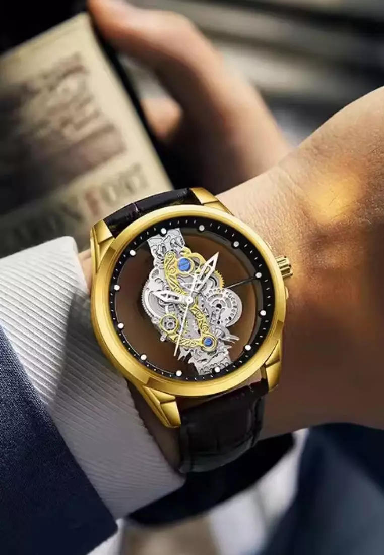 Buy EGLANTINE Round Skeleton Alloy Quartz Watch on Black Leather strap ...