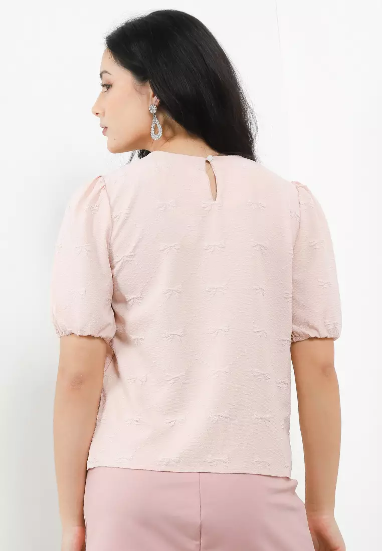 Jual Chic Simple Puff Sleeve Ribbon Embossed Blouse Original 2025 | ZALORA Indonesia