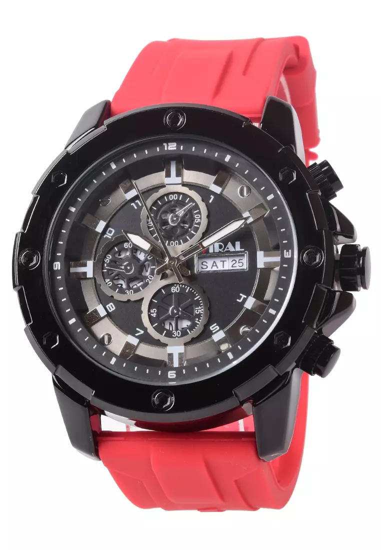 Jual Viral Viral Jam Tangan Analog Pria - Black Case Red Rubber Strap ...