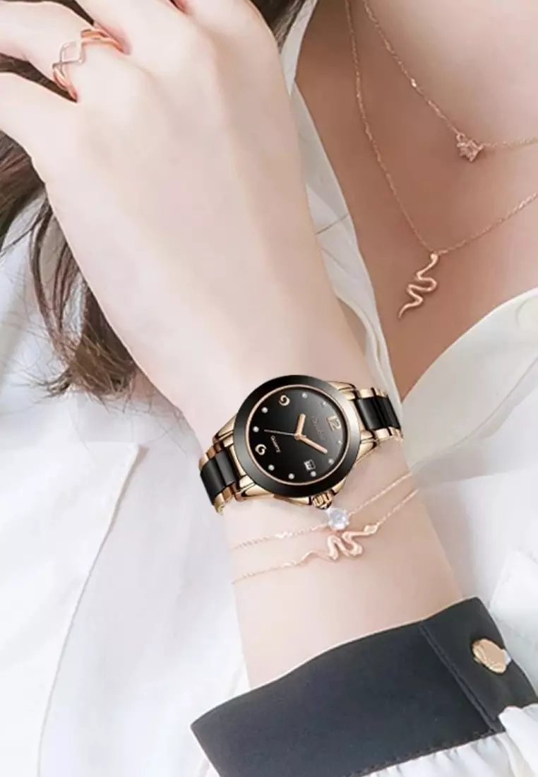 Buy LIGE SUNKTA Black Ceramic Ladies Quartz Watch, 33mm, IP Rose Gold ...