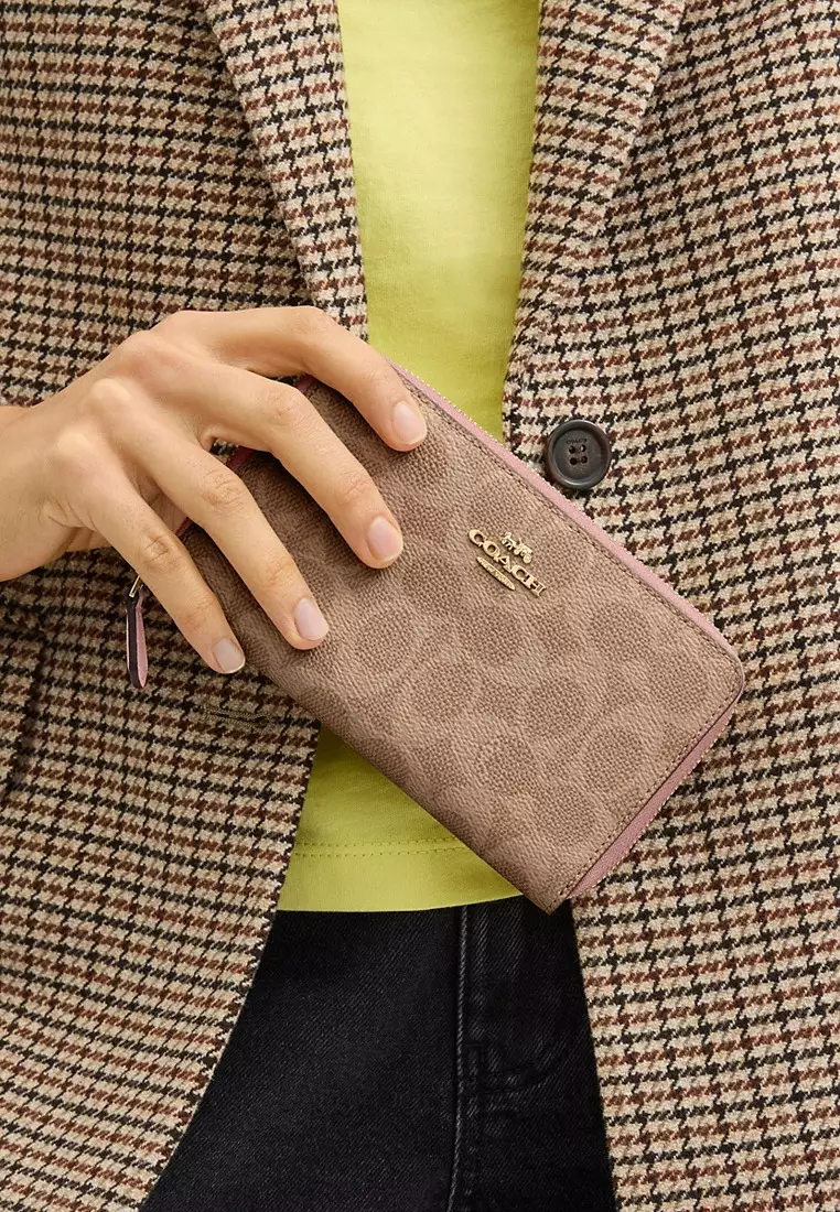 Buy Coach Medium ID Zip Wallet In Signature Canvas - Tan/Pink Petal ...