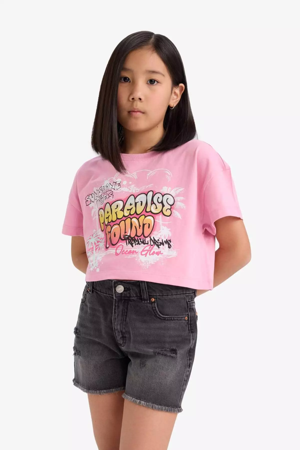 Buy DeFacto Girl's Crop Crew Neck Printed Short Sleeve T-Shirt ...