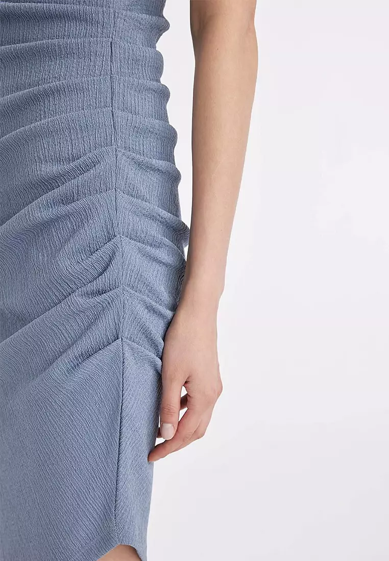 Buy DeFacto Bodycon Body-Hugging V Neck Draped Crepe Strappy Midi Dress ...