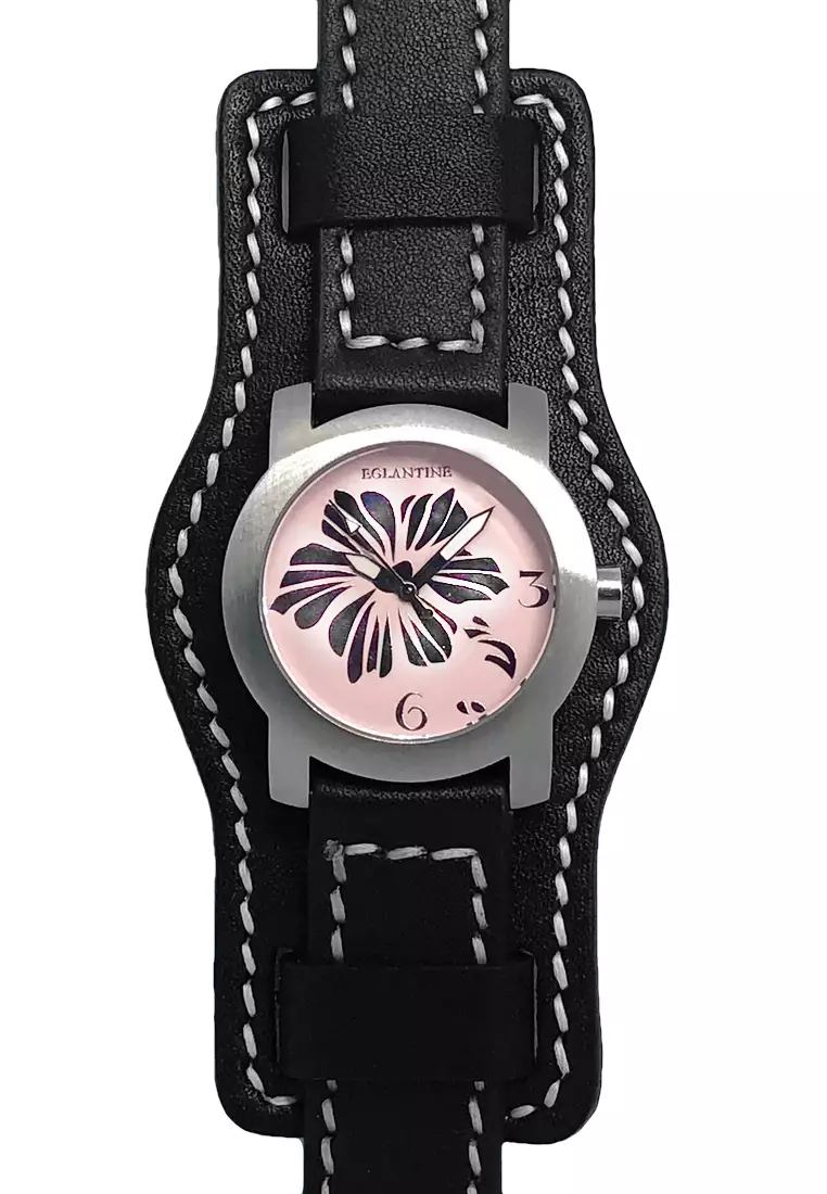 Buy EGLANTINE Bauhinia Ladies Steel Quartz Watch, Black Leather Strap ...
