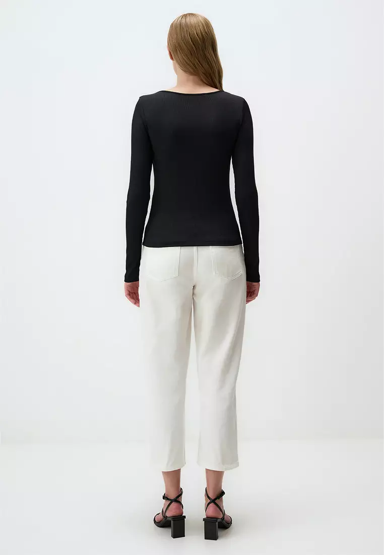 Buy Jimmy Key Jimmy Key Black Round Neck Slim Fit Long Sleeve Blouse ...