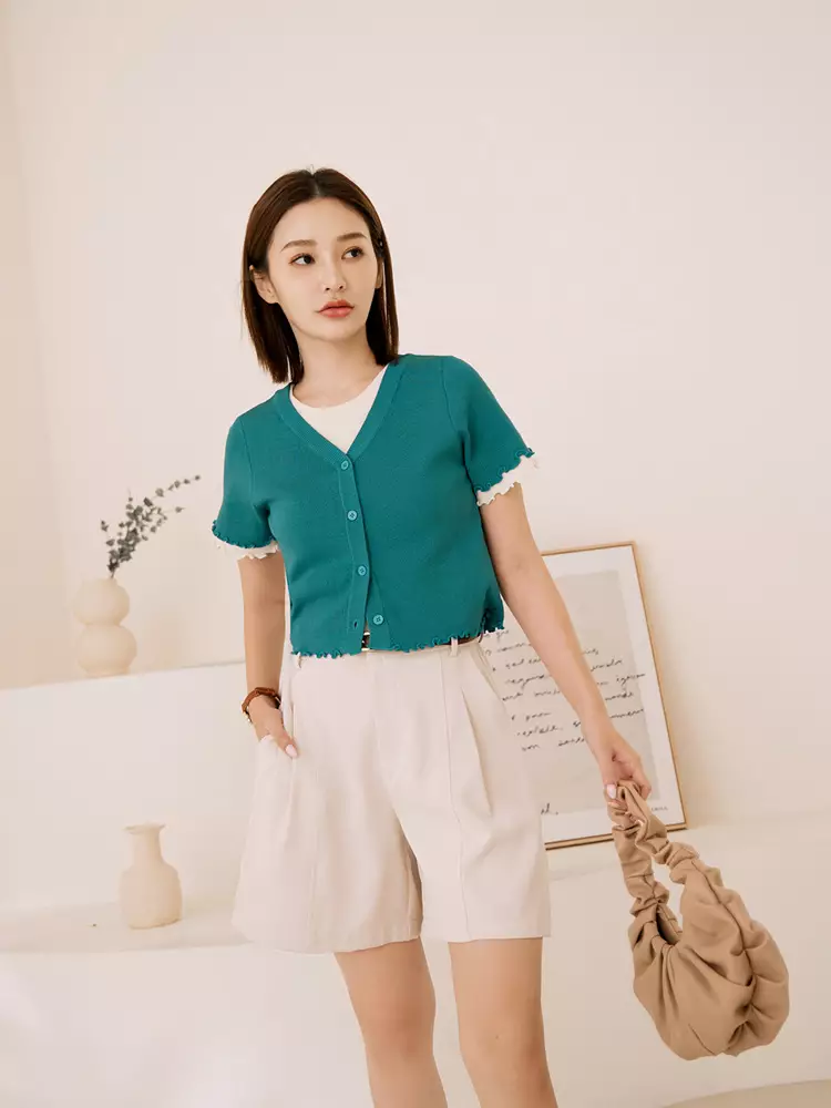 Buy OBSTYLE Small V Face．V Neck Faux Two-piece Knit Mushroom Edge Top ...