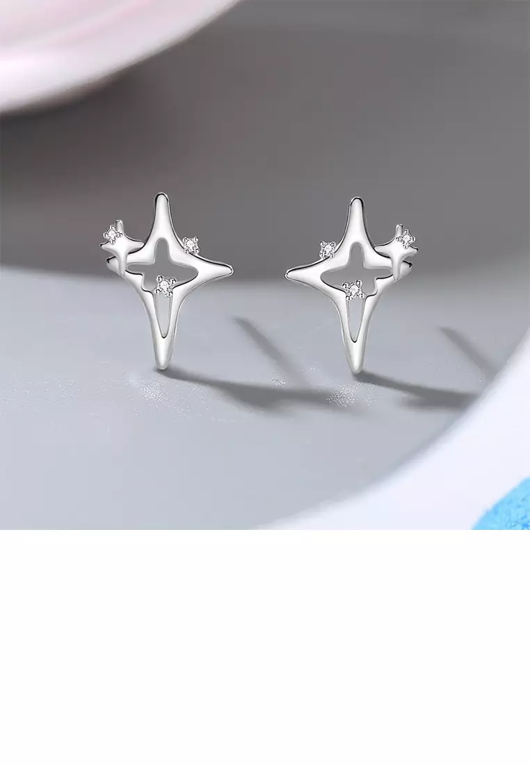 Jual Glamorousky 925 Sterling Silver Simple Fashion Four Pointed Star Stud Earrings with Cubic ...