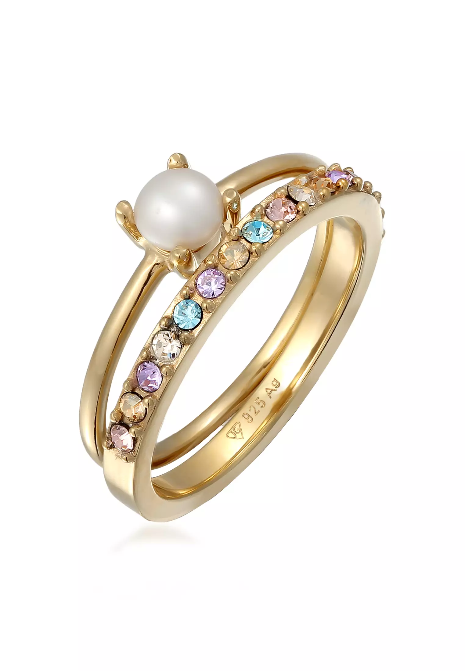 Buy ELLI GERMANY Swarovski® Crystal Pearl Ring Set – Gold-Plated Silver ...