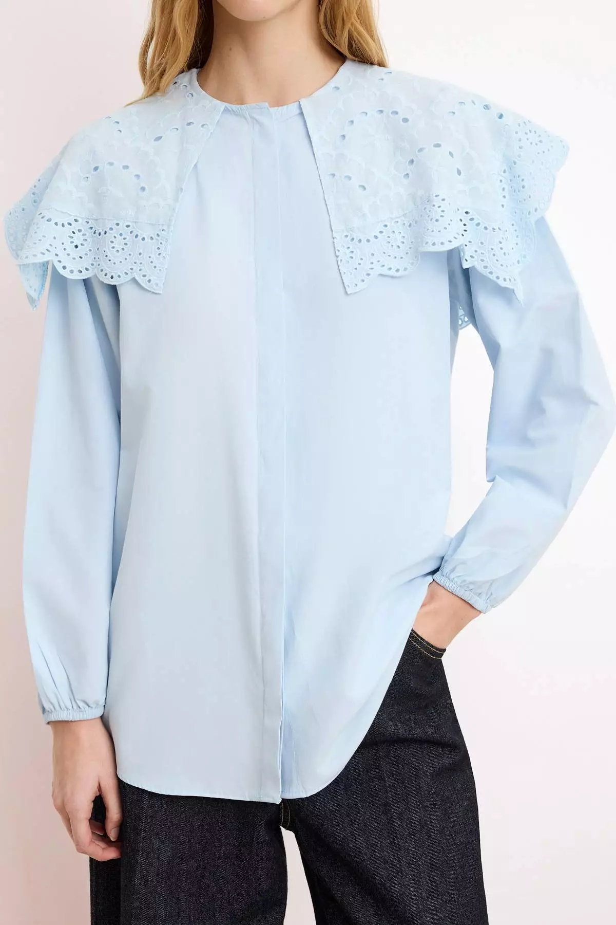Buy Trendyol Light Blue Lace Collar Regular/Normal Fit Cotton Pack ...