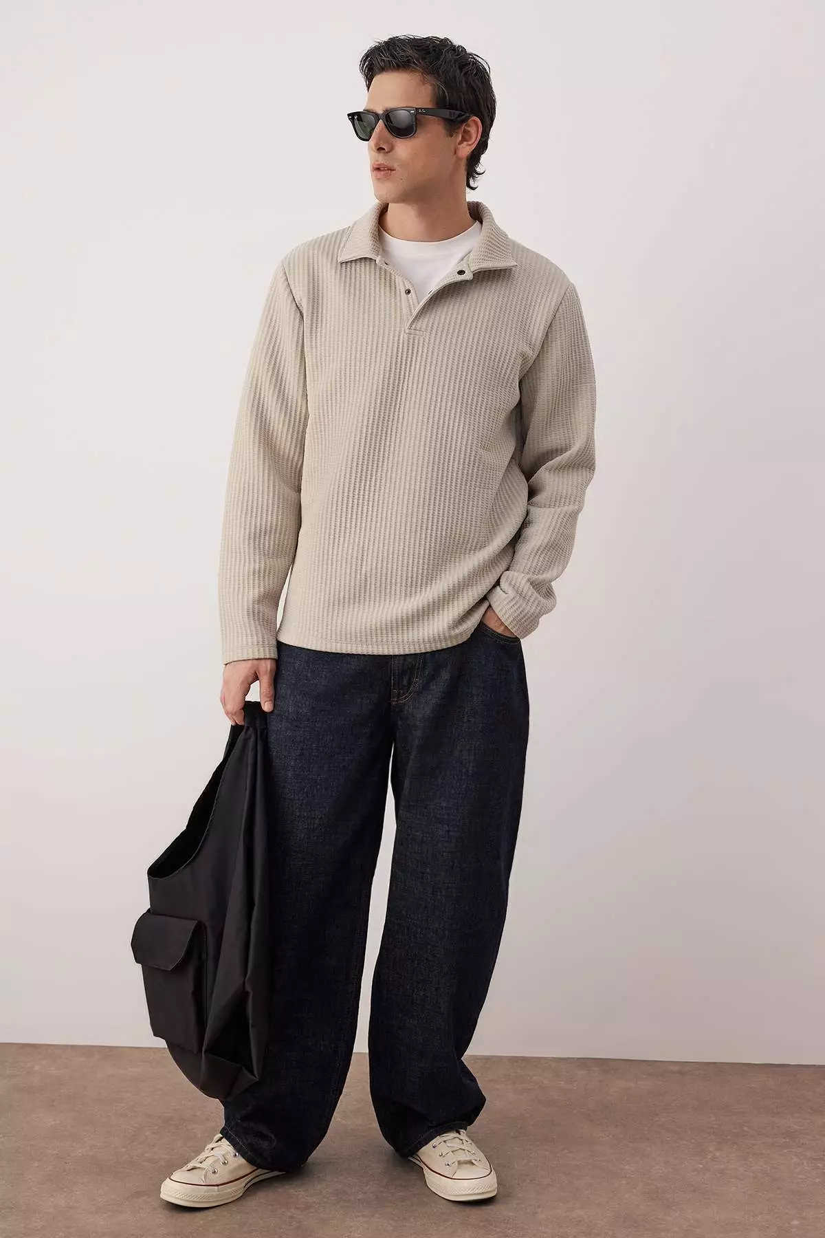 Buy Trendyol Stone Relaxed Cut Waffle Textured Polo Neck Sweatshirt ...