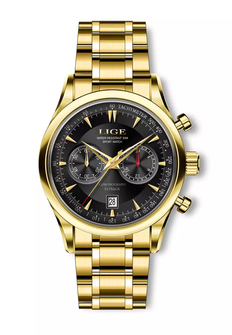 Buy LIGE LIGE Unisex IP Gold Stainless Steel Chronograph Quartz Watch ...