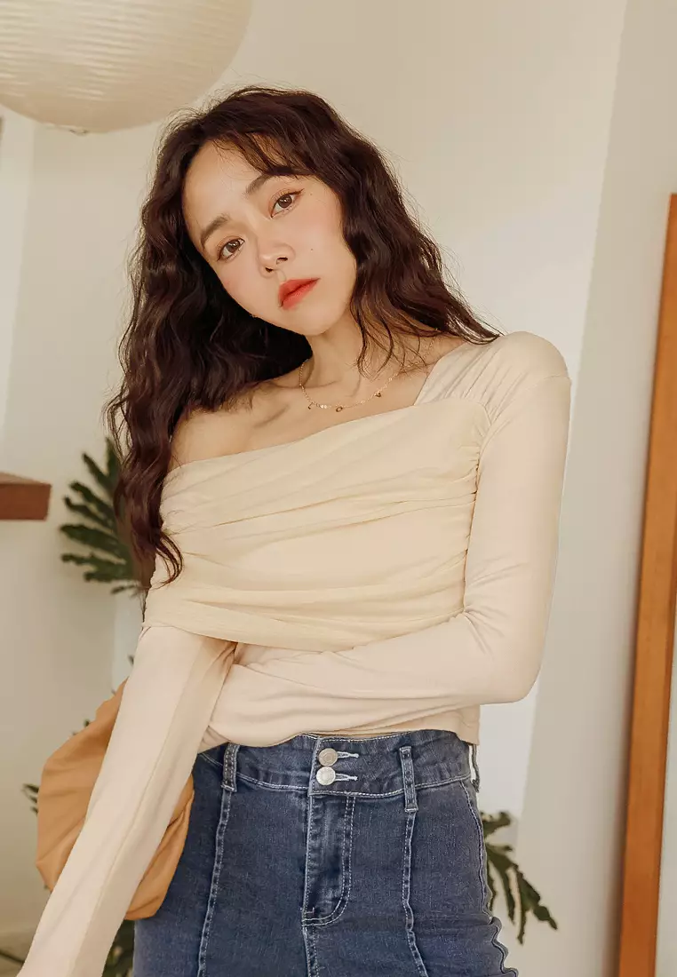 Buy OBSTYLE Asymmetrical Off-shoulder Wrinkle Spliced Mesh Slim Fit Top ...