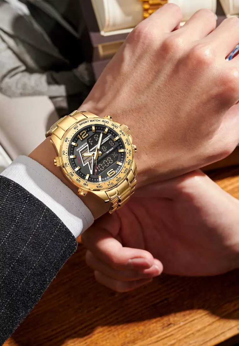 網上選購 LIGE FOXBOX 中性 IP 金色不鏽鋼潛水員模擬/數位石英錶，黑色錶盤，不鏽鋼錶鍊，30 公尺防水 2025 系列 | ZALORA香港