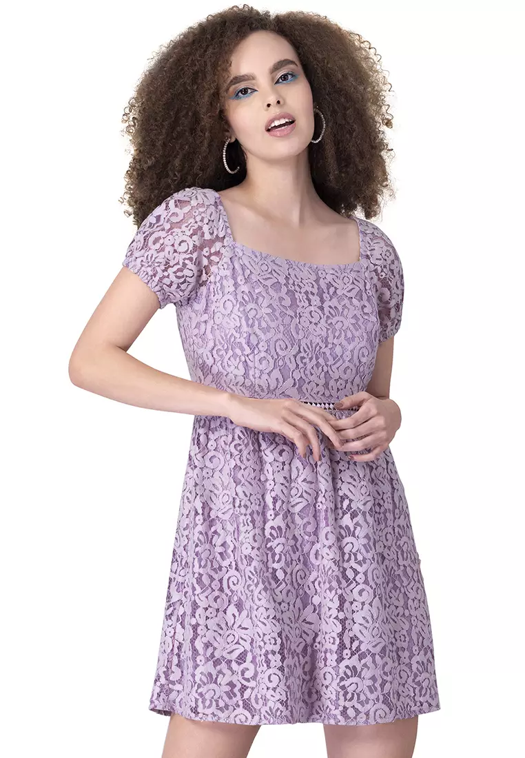 Buy FabAlley Lilac Lace Square Neck Trim Dress Online | ZALORA Malaysia