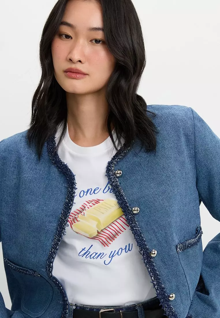 Buy Pomelo Tweed Trim Denim Jacket - Blue Online | ZALORA Malaysia