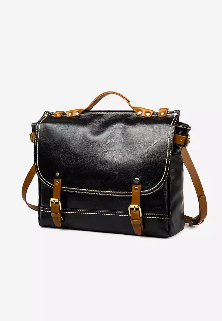 Buy Lara Top Handle Buckle Belt Fasten Messenger Bag - Black Online ...
