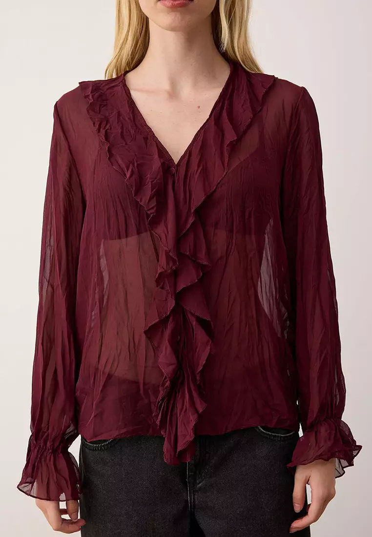 Buy Trendyol Plum Wrinkled Look Chiffon Transparent Shirt 2026 Online ...