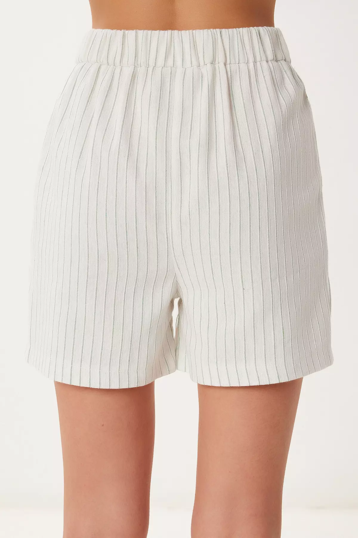 Buy Happiness Istanbul Women's Cream Green Striped Linen Vest Shorts ...