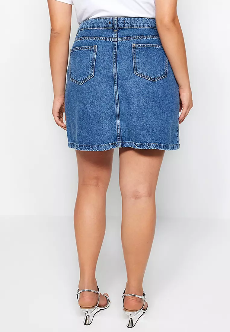 Jual Trendyol Plus Size Double Slit Denim Mini Skirt Original 2024
