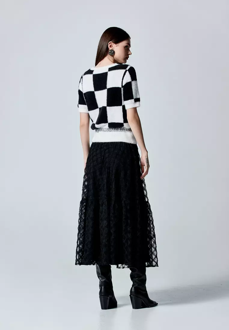 Buy iROO Black White Checkered Fuzzy Top 2025 Online | ZALORA Philippines
