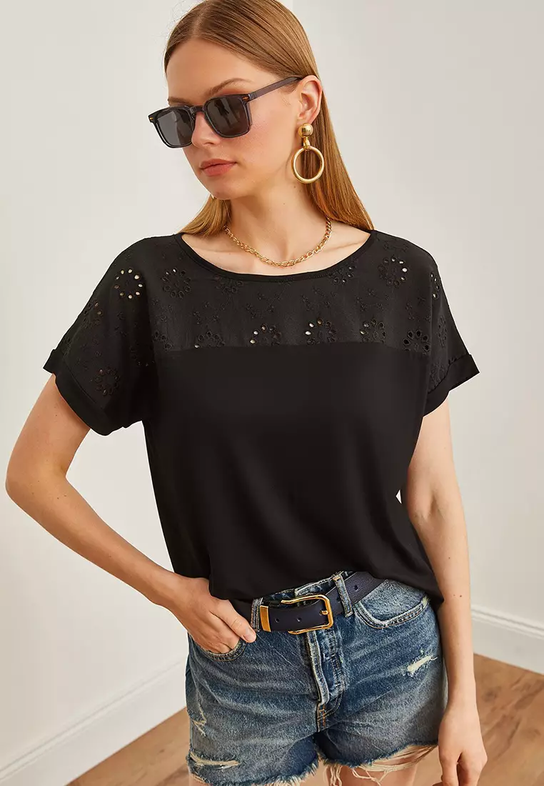Buy Olalook Women's Black Scallop Detailed Bat Blouse BLZ-19002587 2025 ...