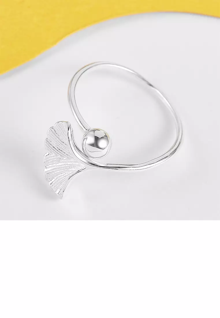 Jual Glamorousky 925 Sterling Silver Simple Elegant Fashion Ginkgo Leaf Adjustable Opening Ring ...