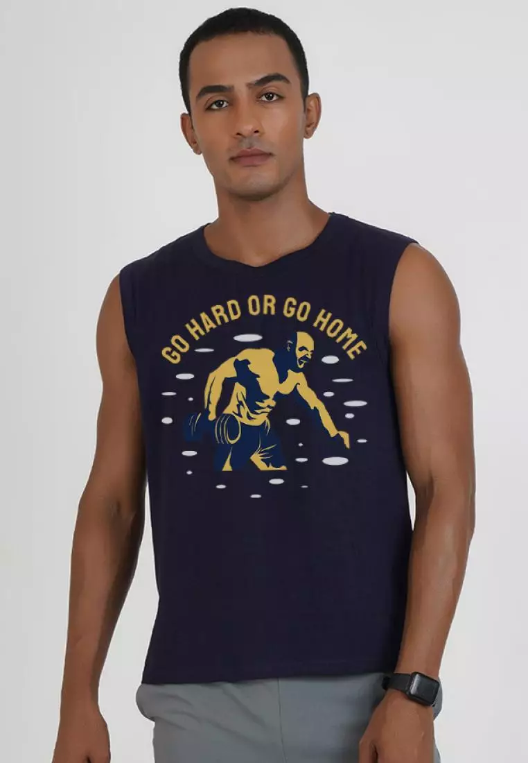 Buy QuirkyT Go Hard Gym Navy Blue Cotton Sleeveless Workout/Training ...