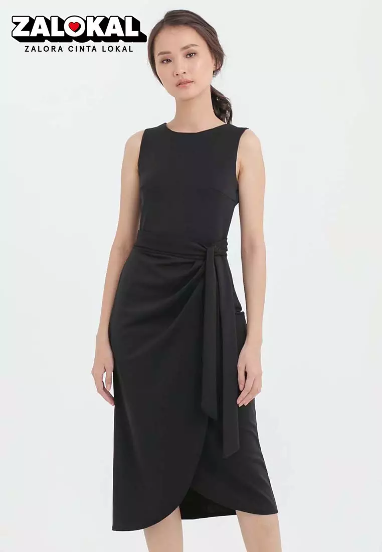 Jual Cloth Inc Scuba Sleeveless Overlap Tulip Midi Dress in Black ...