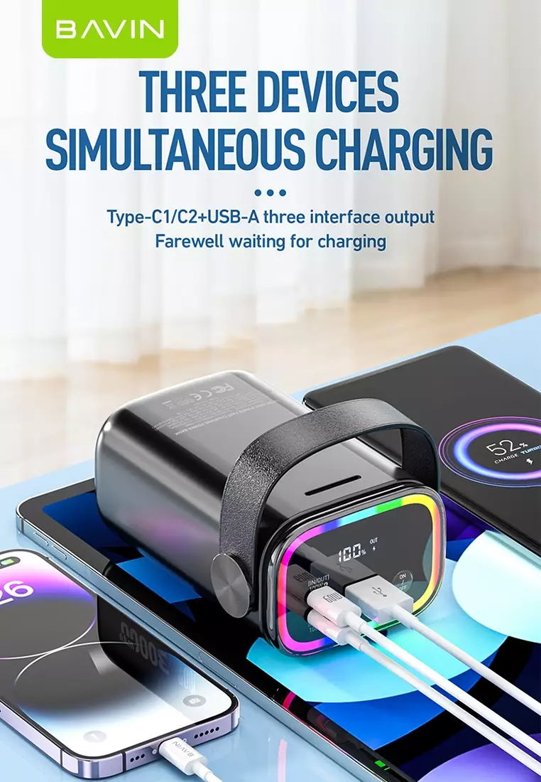 Buy BAVIN PC1022 30000mAh 100W Fast Charging RGB Power Bank PD Type C 18W Output + Dual USB Port ...