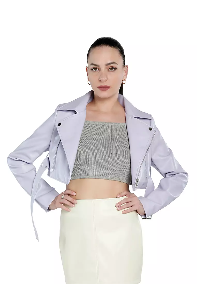 Buy London Rag Lilac Faux Leather Belted Cropped Jacket 2025 Online ...