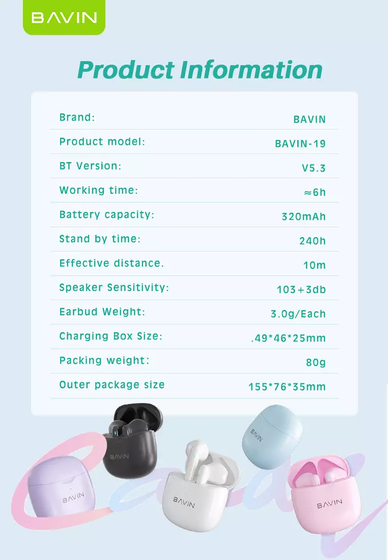 Buy BAVIN BA19 5.3V Hi-Fi Bluetooth Wireless TWS Earbuds Active Noise ...