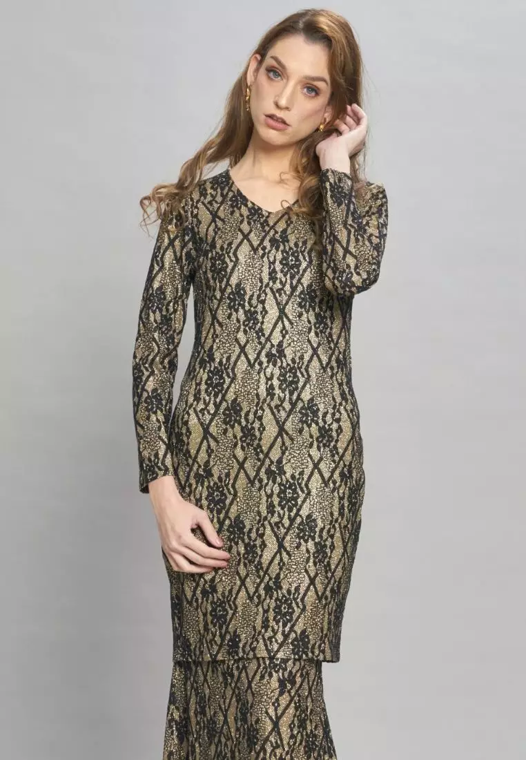 Buy Loveaisyah Glitter Black Gold Lace 'V' neck Modern Baju Kurung Hari ...