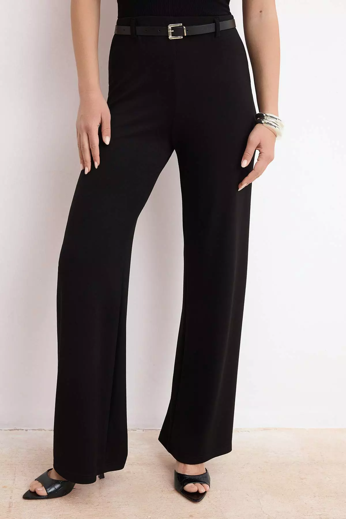 Buy Trendyol Black Wide Leg/Wide Leg Belted Regular Waist Soft Touch ...