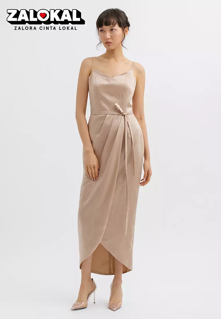 Jual Cloth Inc Overlap Tulip V Neck Midi Dress in Gold Original 2026 ...