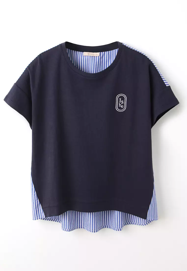 Buy OBSTYLE Contrast Fabric Striped Embroidered Loose Top [HA0198] 2026 ...