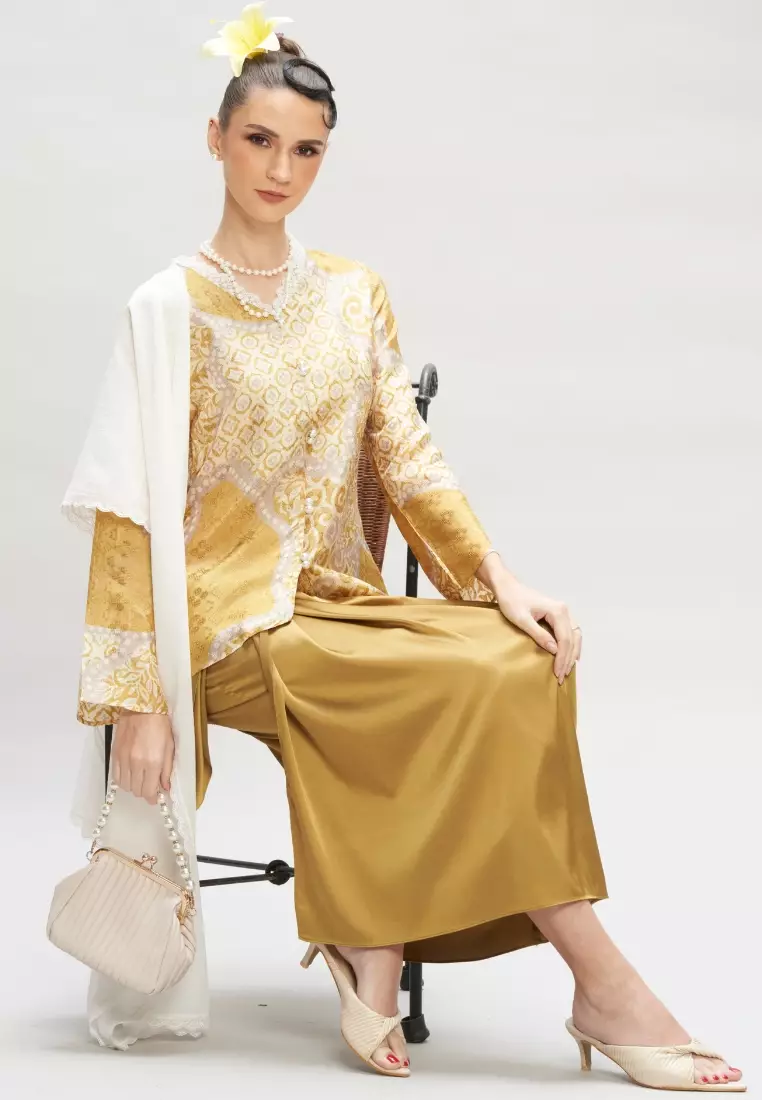 Buy Loveaisyah Premium Batik Mustard Kebaya & Satin Wrap Skirt Modern ...