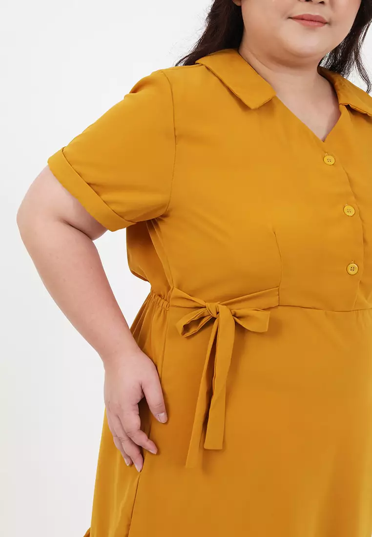Jual Sorabel Hyffon Plain Ribbon Mini Dress Big Size Yellow Original ...