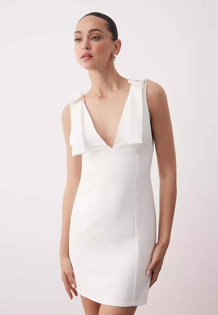 Buy Trendyol Ecru Body-Smoothing Mini Woven Dress With Chest And Sleeve ...