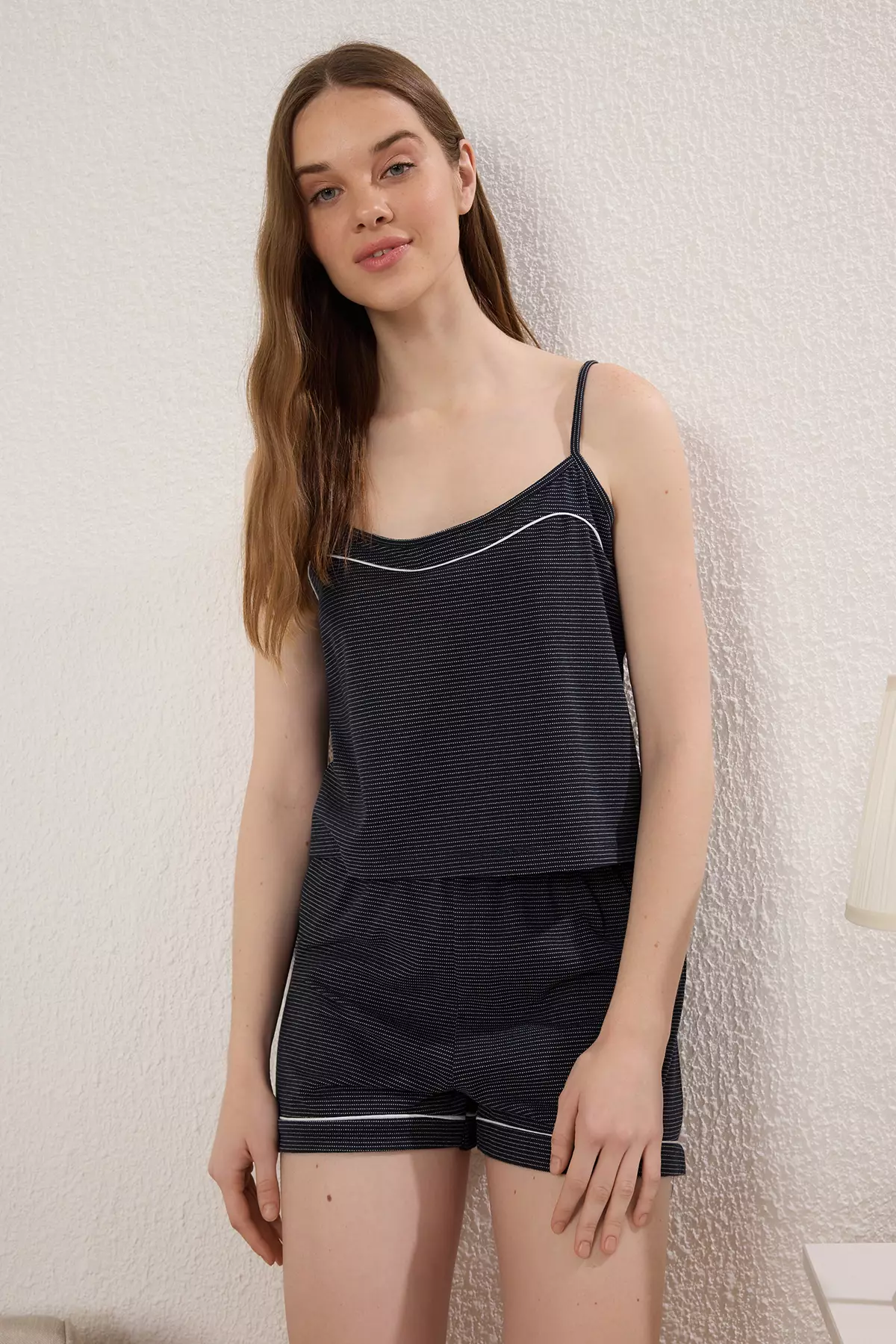 Buy Trendyol Navy Blue Striped Piping Rope Suspender Knitted Pajama Set ...