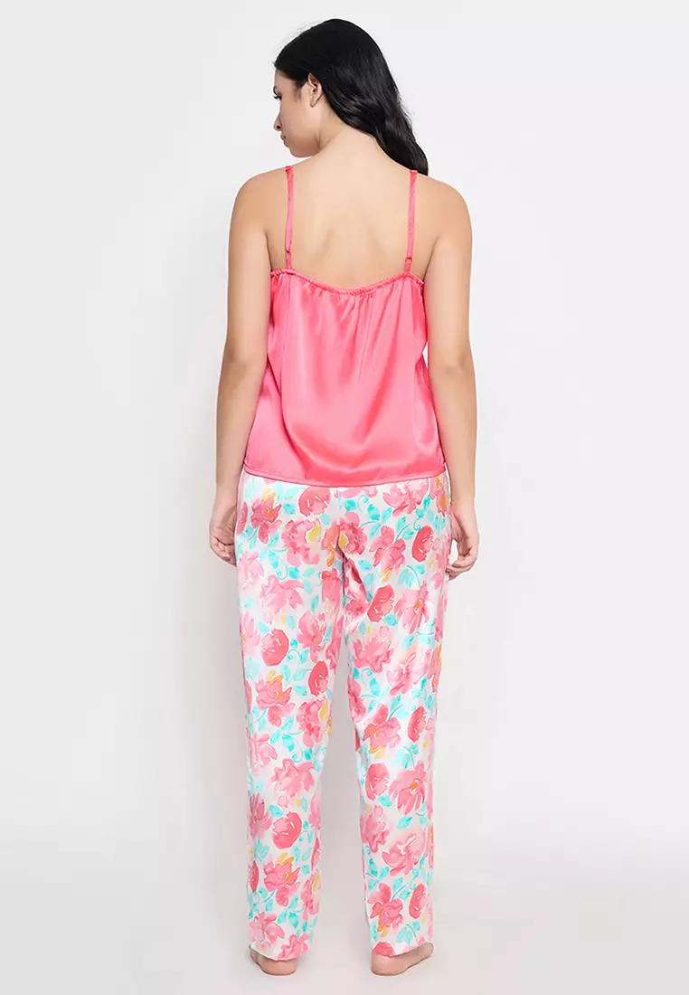 Buy Clovia Clovia Floral Print 3 Piece Nightwear Set in Peach- Satin ...