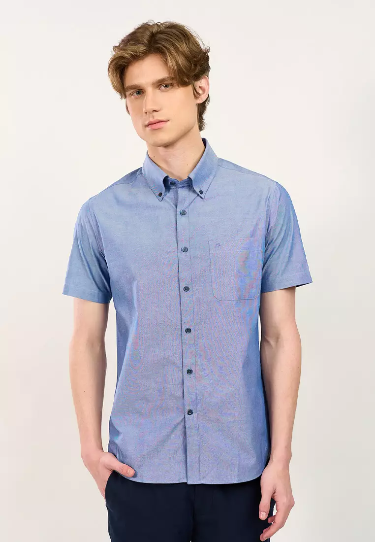 Buy Hechter Paris Men's Slim Fit Navy Oxford Button Down Short Sleeve ...