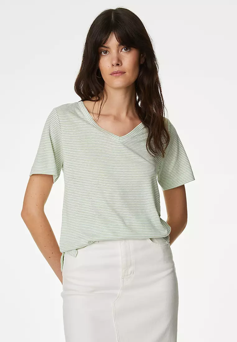 Jual Marks & Spencer Linen Blend Striped V-Neck Top Original 2026 ...