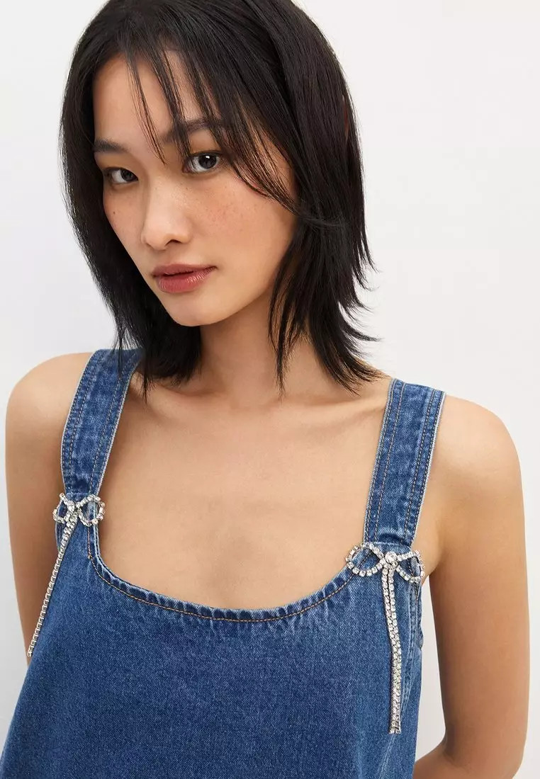 Pomelo Diamante Bow Denim Dress - Blue 2026 | Buy Pomelo Online ...
