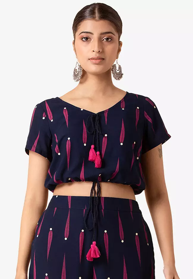 Buy Indya Navy Floral Drawstring Waist Crop Top 2025 Online | ZALORA