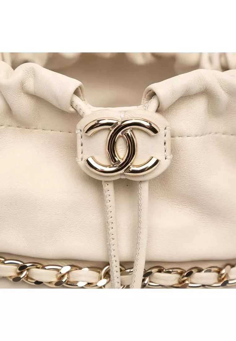 CHANEL Pre-Loved Lambskin Leather Chain Frame Drawstring Bucket Bag ...